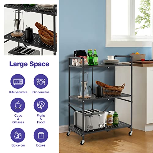 Tangkula 3-Tier Foldable Storage Shelves, Steel Storage Rack with 2 Handles, 4 Caster Wheels and Hook Buckle, Collapsible Utility Cart for Garage Kitchen, 3-Shelf Metal Shelving Units (1, Black)