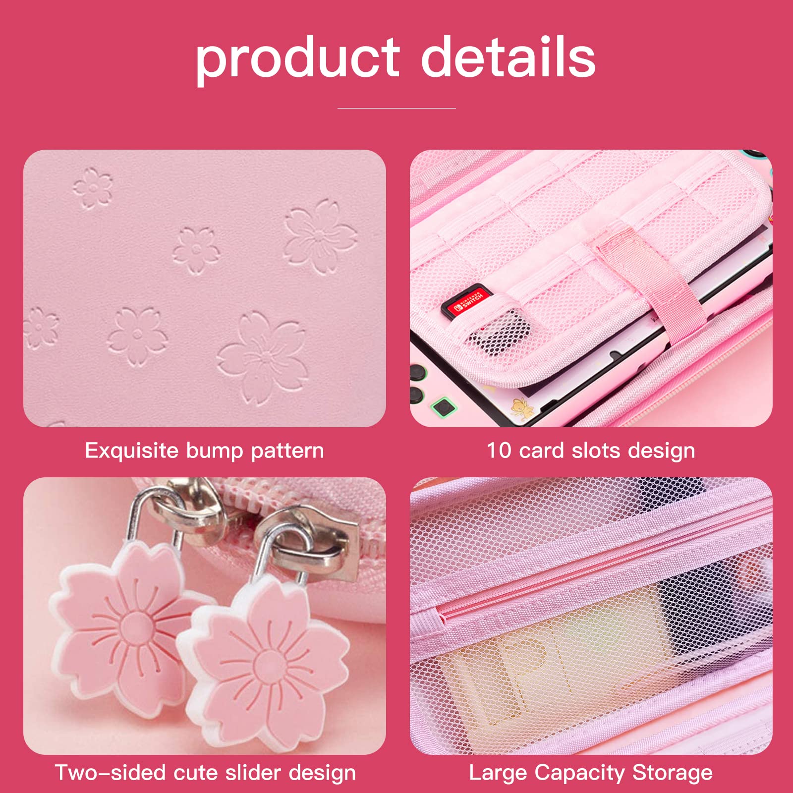 HLRAO Pink Travel Carrying Case Accessories Kit,Sakura Pink Carry Case Compatible with Nintendo Switch OLED.Pink Switch Hard Protective Cover,Adjustable Stand,Screen Protector & Thumb Grips 10 in 1.