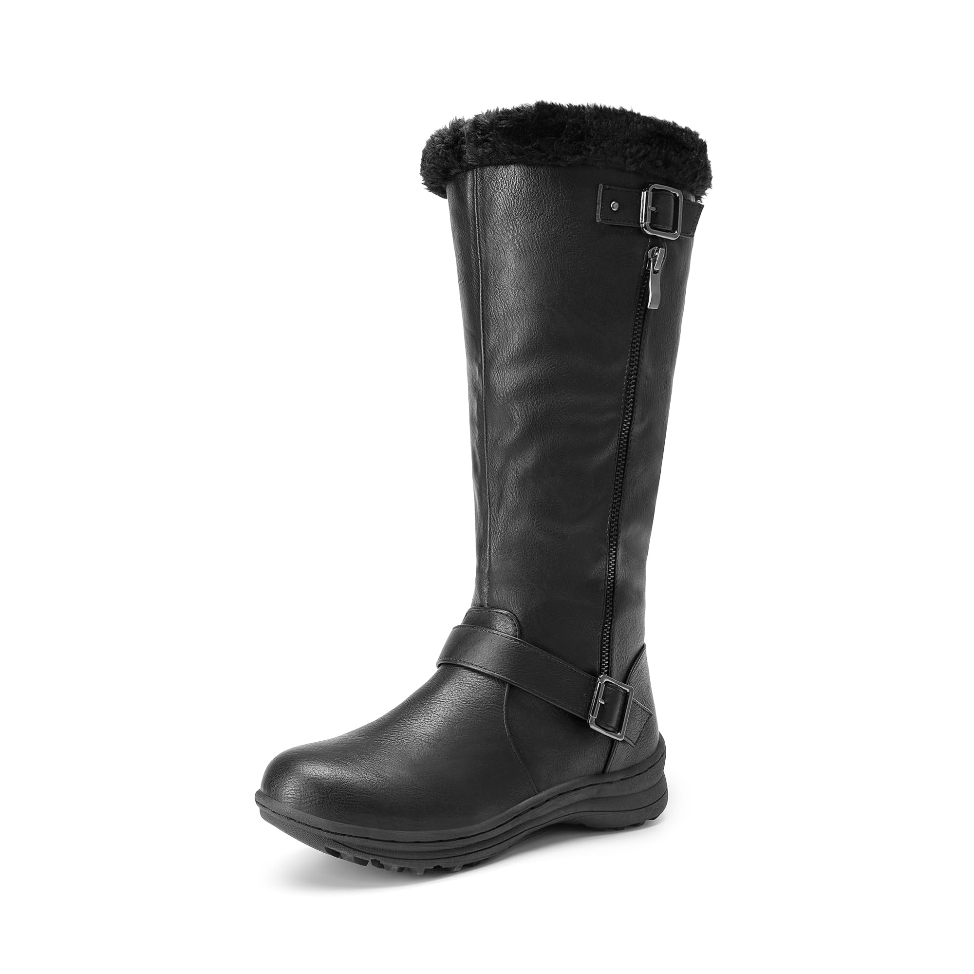 DREAM PAIRS Rabbit Women's Lady Winter Fully Fur Lined Double Buckle Ruched Snow Knee High Boots Black PU-SZ-9