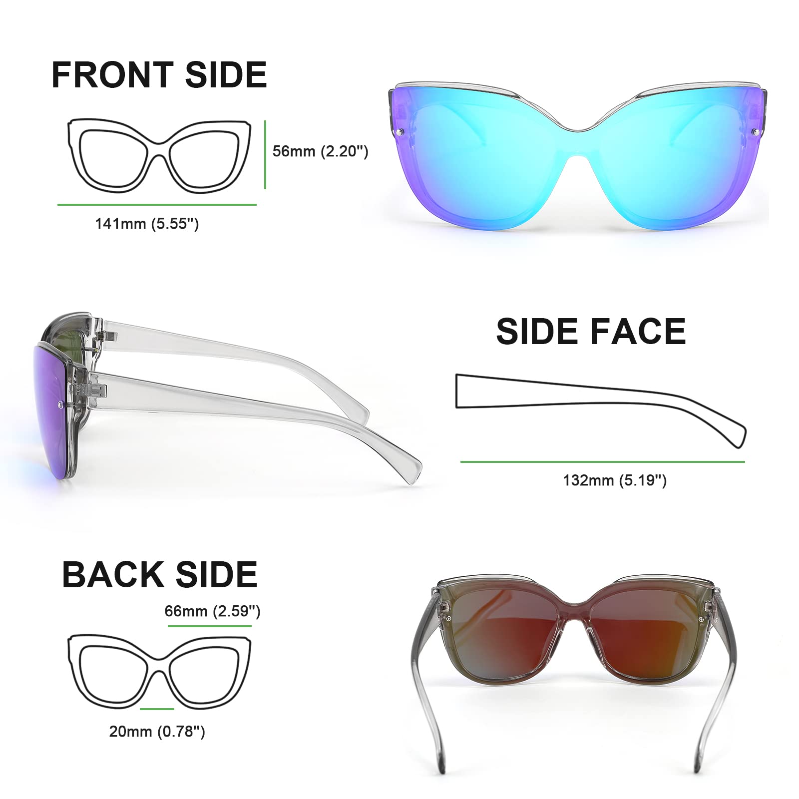FEISEDY Cat Eye Sunglasses Polarized for Women Men,Rimless Mirrored Sunglasses, Oversized, Trendy Retro Sun Glasses B2796 Transparent Grey/Blue Mirror