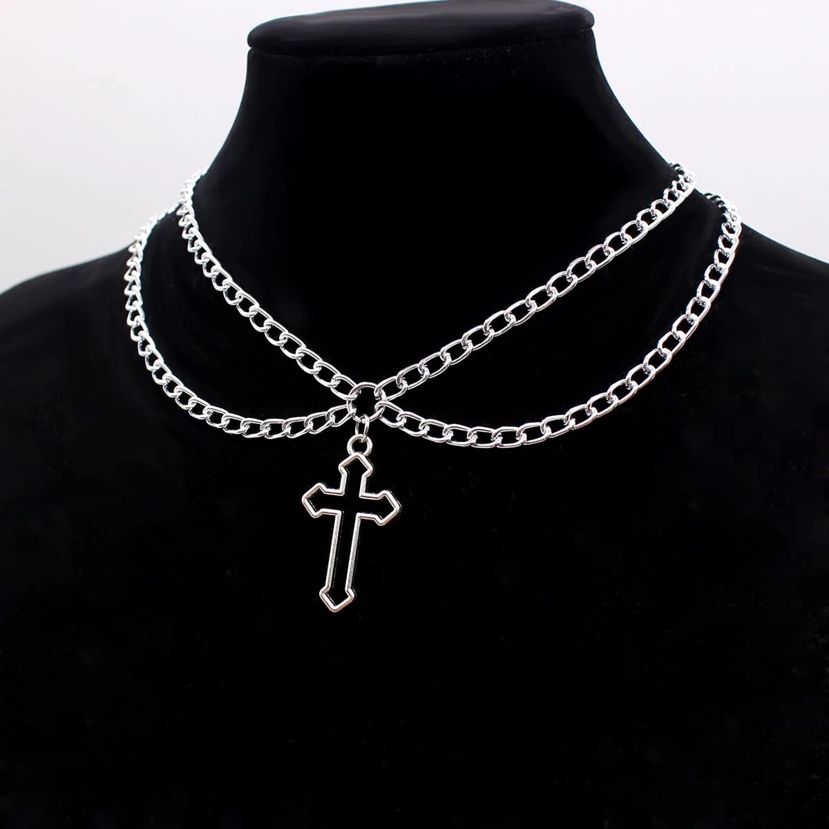 HMIXN Layered Choker Cross Necklace Silver Chain Simple Punk Cross Pendant Gothic Collar Handmade Statement Chunky Chains Necklaces for Women