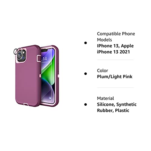 MXX Case for iPhone 13, with Tempered Glass Screen Protector,Camera Lens Protector 3-Layer Full Heavy Duty Body Bumper Cover Shockproof Protection Dustproof, for iPhone 13 6.1" (Plum/Light Pink)