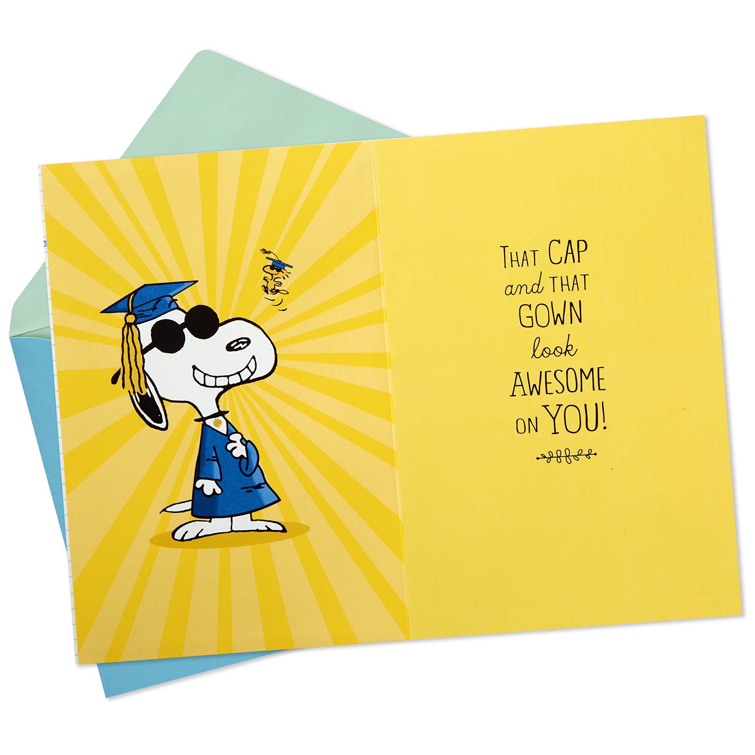 Hallmark Peanuts Graduation Card with Sound (Snoopy, Cap and Gown) & Signature Graduation Card (Every End Is a Beginning Ralph Waldo Emerson Quote)