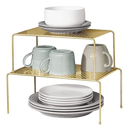 mDesign Adjustable Raised Metal 4-Piece Kitchen Stacking Organizer, Expanding Storage Rack - Cupboard, Pantry Shelf, Non-Skid Feet, Hold Dishes, Bowls, Mugs, Concerto Collection, 2 Pack, Soft Brass