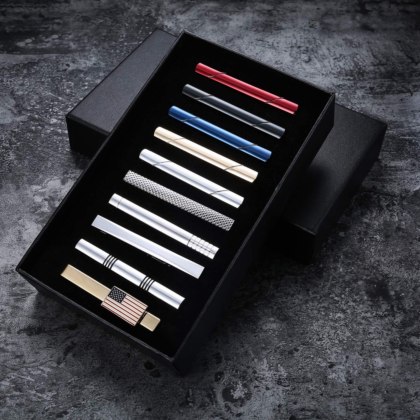 Finrezio 10 Pcs Tie Clips for Men Tie Bar Clip Set for Regular Ties Black Gold Red Navy Blue Silver American Flag Necktie Wedding Business Clips with Gift Box