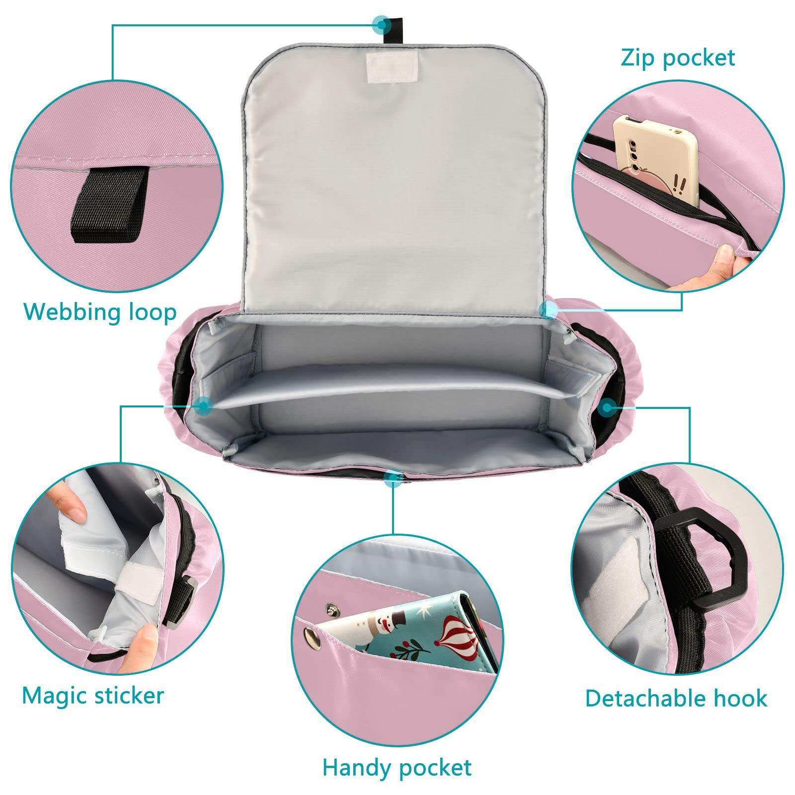 Kigai Azalea Pink Solid Baby Stroller Organizer with Cup Holders, Secure Hooks Accessories Adjustable Strap Stroller Bag for Bottle, Diaper, Phone, Toys, Baby Items