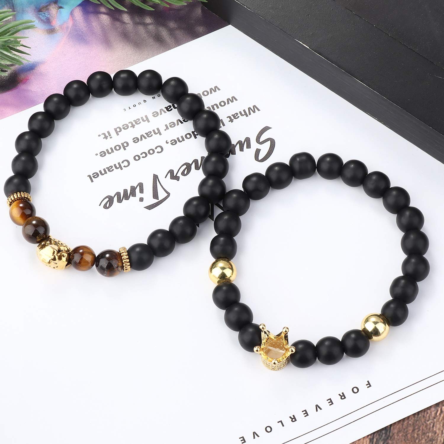 FINREZIO 4PcsBlack Matte Beads Bracelets 8mm Onyx Stone Bracelets Sets Charm King Crown for Women Men Jewelry