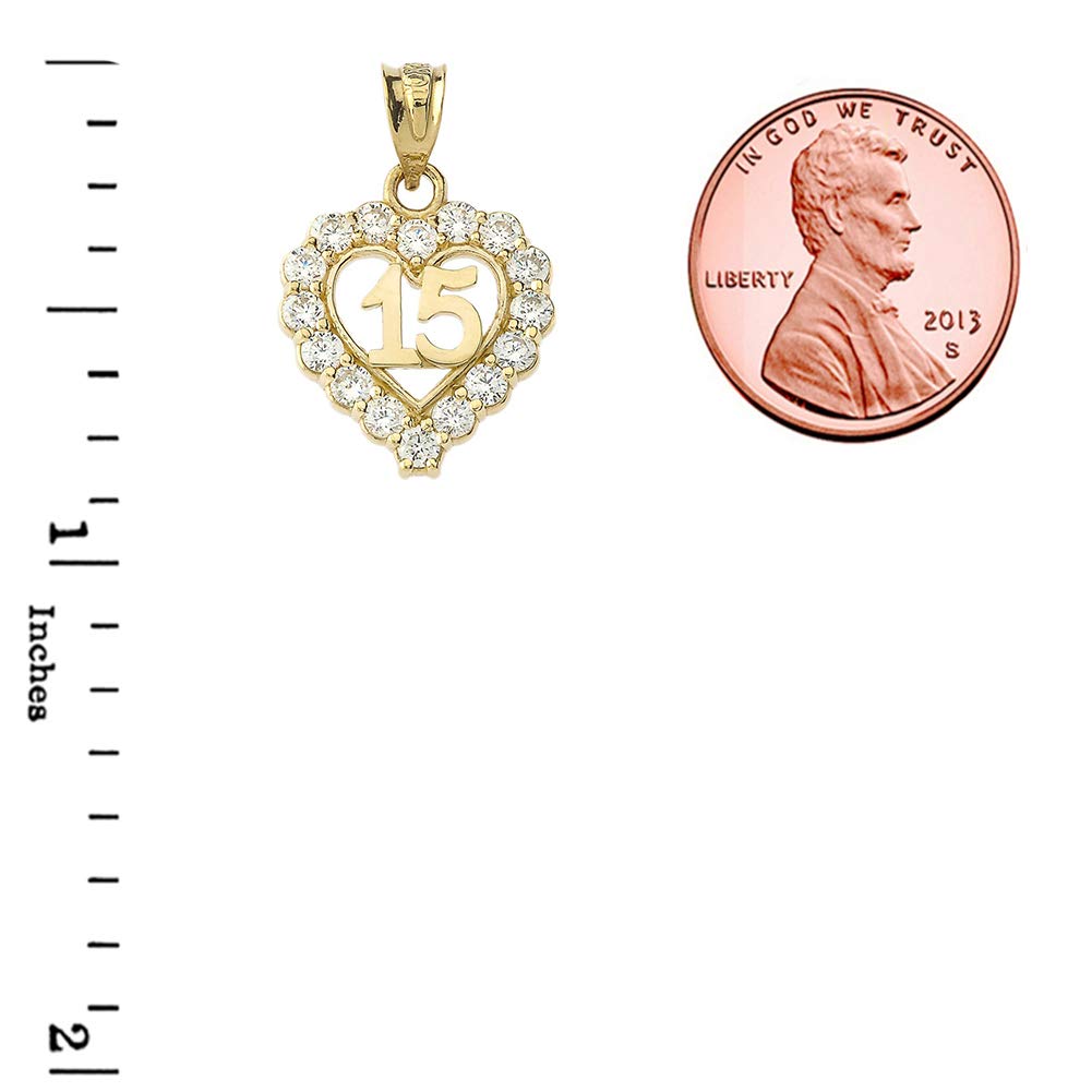 Elegant 14k Yellow Gold Quinceanera Open Heart Charm Pendant Necklace with Cubic Zirconia, 18"