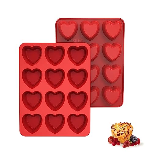 SILIVO Silicone Heart Shaped Muffin Pan (2 Pack) - Nonstick Heart Shaped Silicone Molds for Baking, Heart Shaped Cupcake Pan for Brownies, Tartlets and Egg Bites