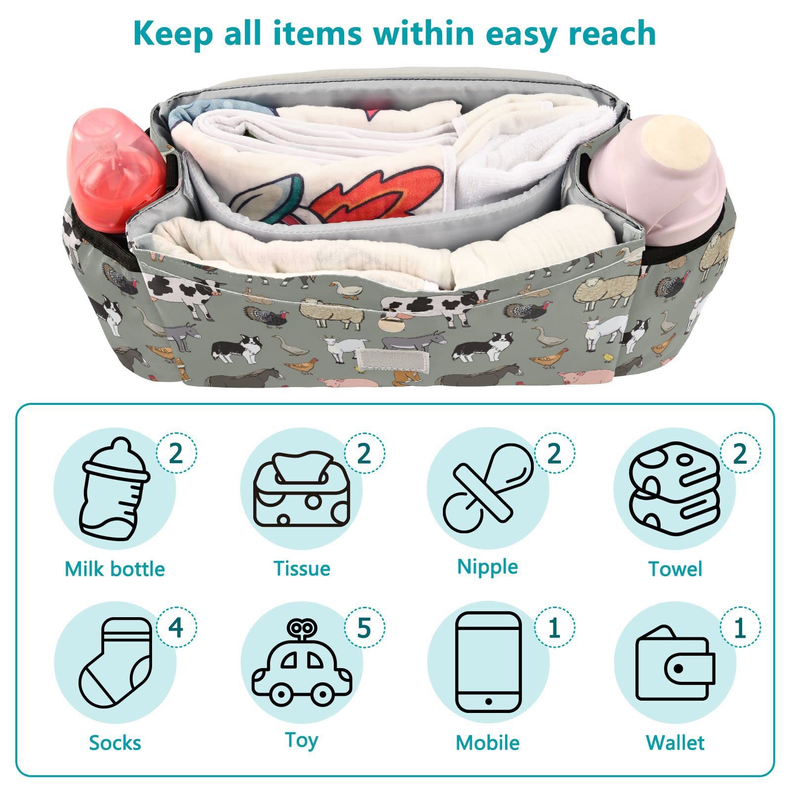 Kigai Farm Animals Pattern Baby Stroller Organizer with Cup Holders, Secure Hooks Accessories Adjustable Strap Stroller Bag for Bottle, Diaper, Phone, Toys, Baby Items