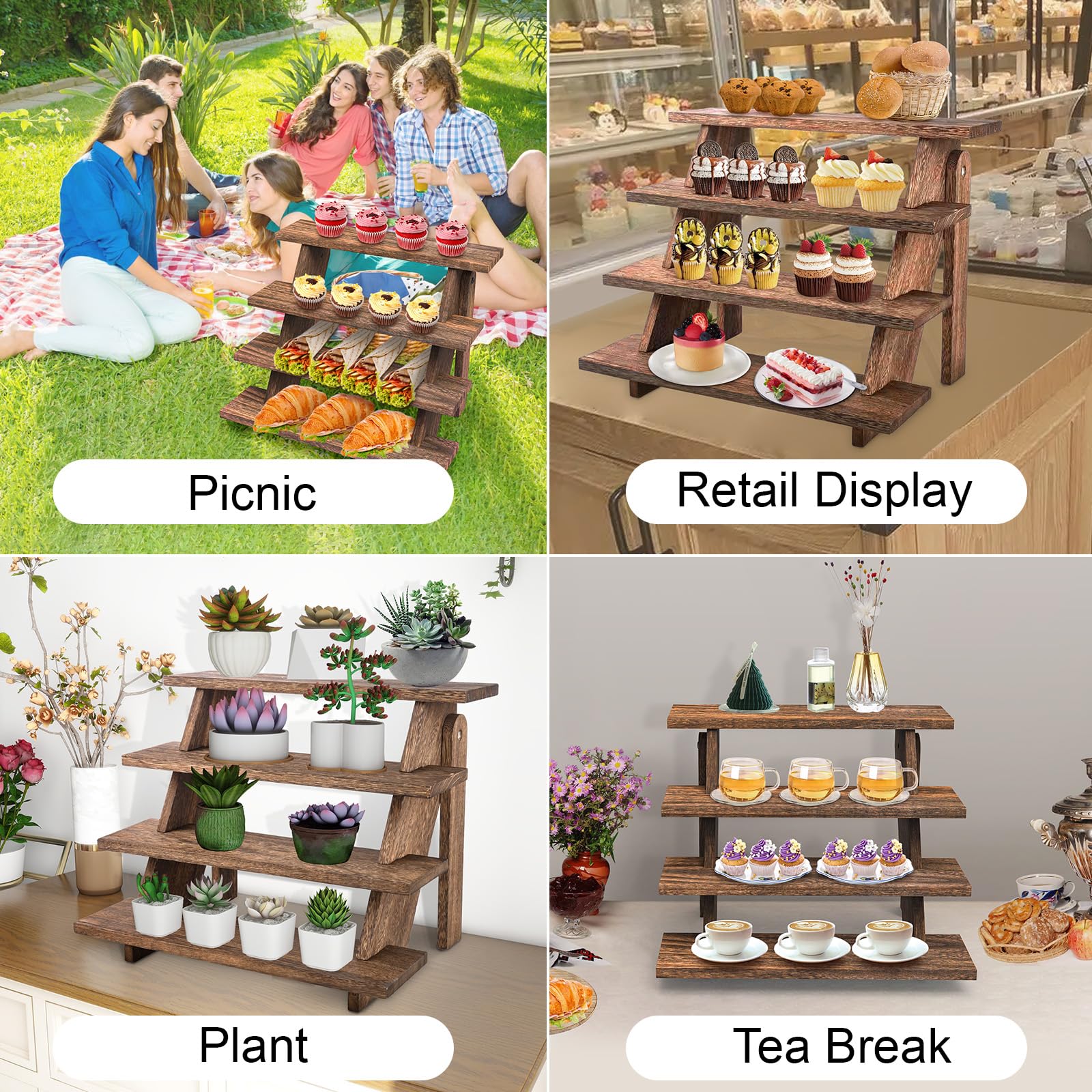 Fumingpal Wooden Cupcake Stand - 4 Tier Cupcake Display Stand, Rustic Tiered Display Stand, Tool Free Installation Cupcake Stand for Birthday Party Decoration Supplies
