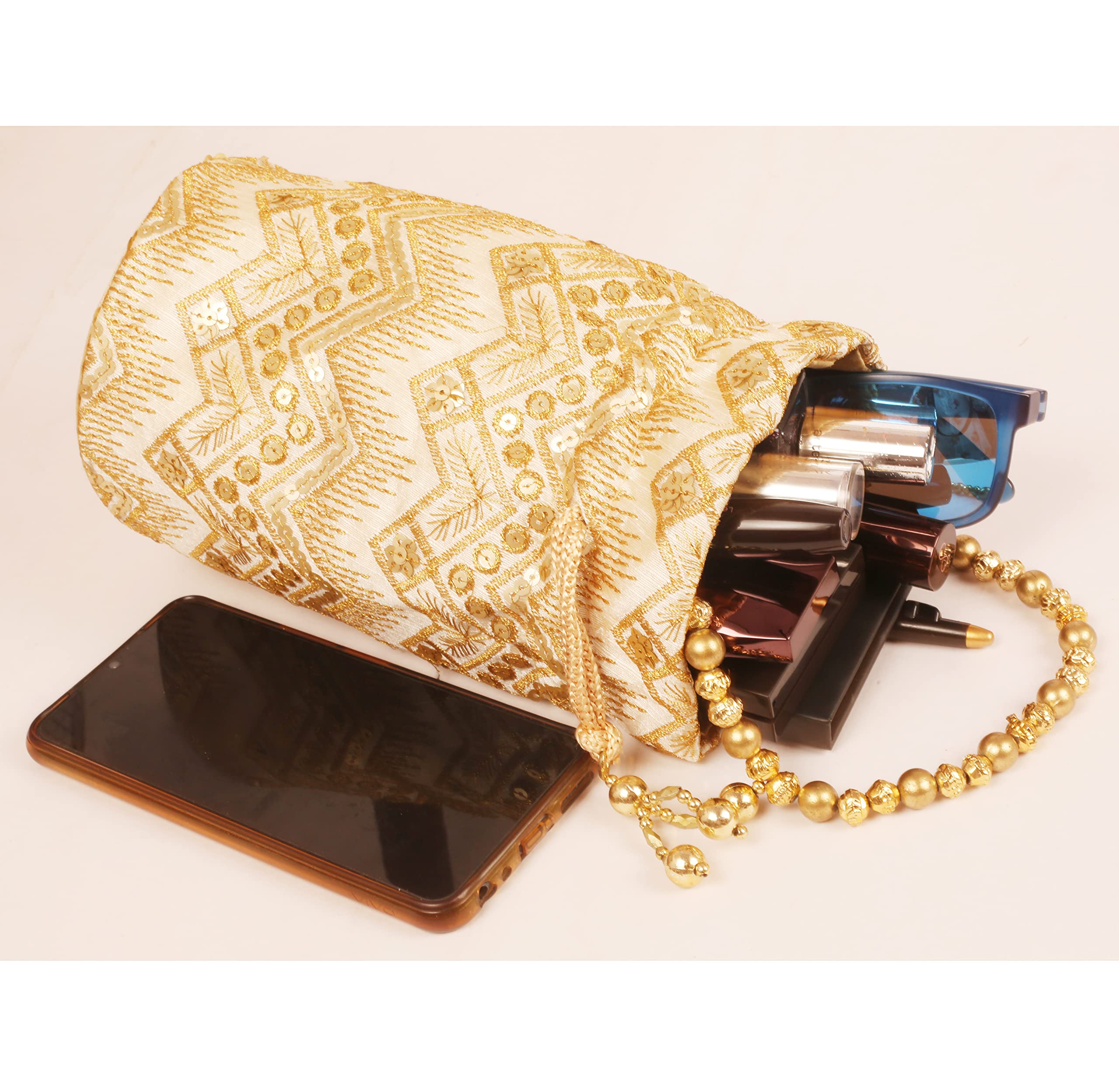 INDTRESOR beaded handcrafted brocade evening purse drawstring handbag vintage party wedding gift for women. Cream Gold