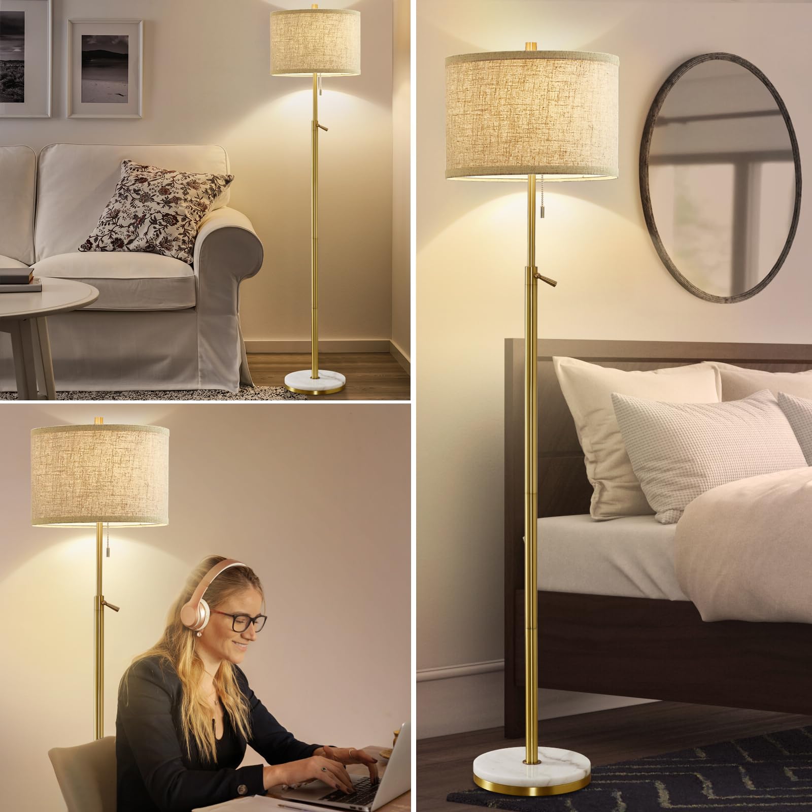 GyroVu Marble Floor Lamp, Adjustable Height Standing Lamp with Marble Base Tall Lamp with Pull Chain Switch Floor Lamps for Living Room, Bedroom & Office Bulbs Not Included(Gold)