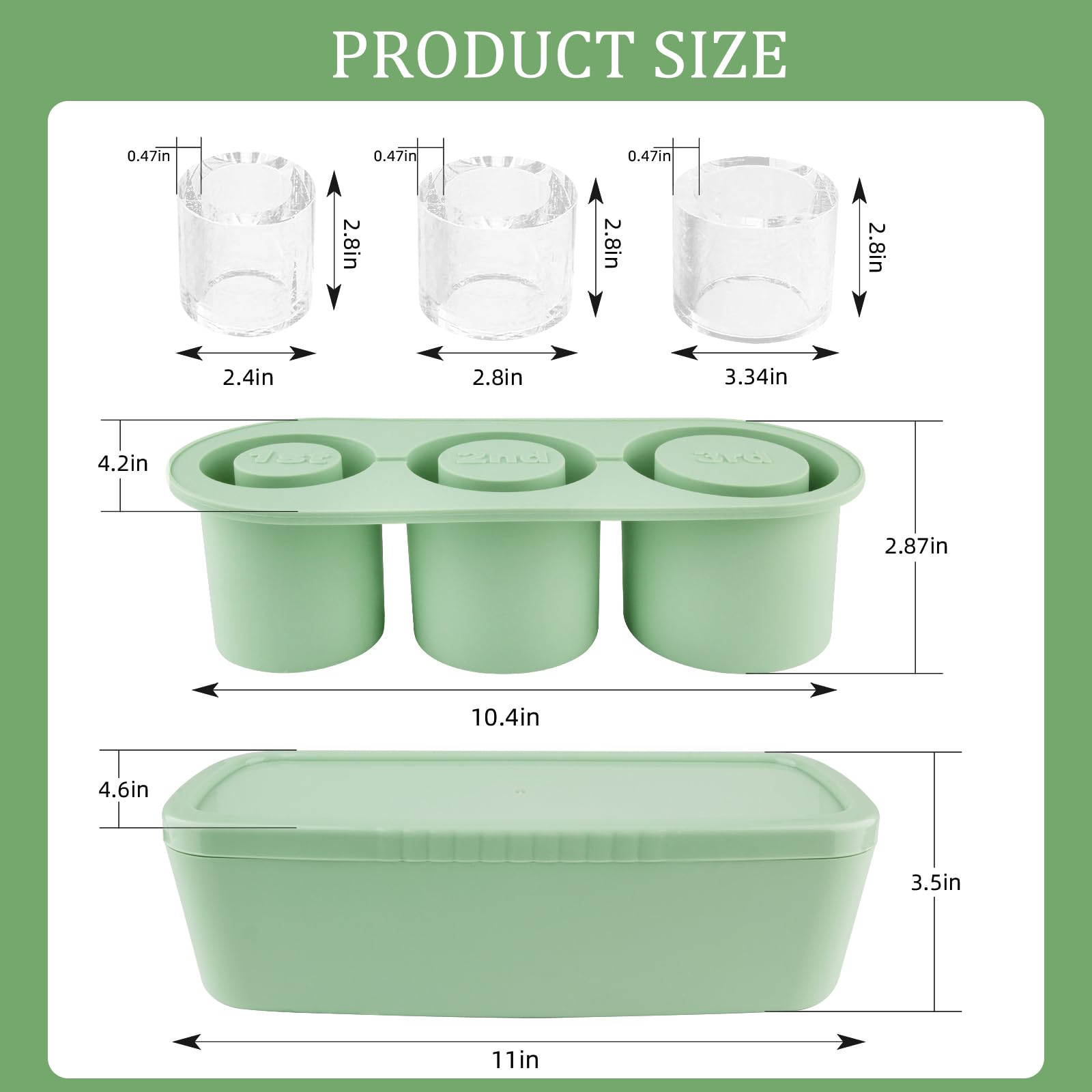 Ice Cube Tray for 20-40oz Tumbler Cup, 3pcs Large Silicone Cylinder Ice Cube Molds for Freezer, Ice Maker With Lid and Bin, Ice Drink, Juice, Whiskey, Chilling Cocktail, Tea, Coffee (Green)