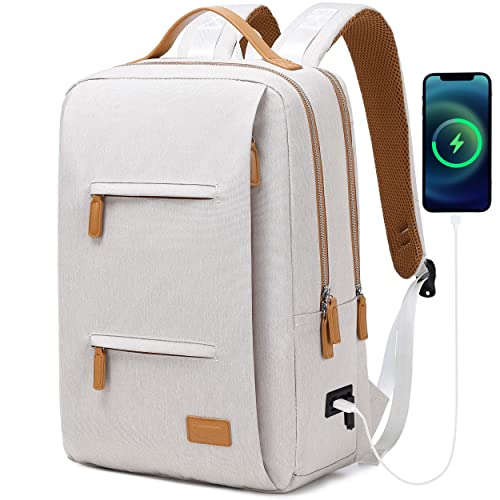 Smart Laptop Backpacks 15.6 inch for Women Men Business Travel Weekender Carry on Backpack with USB Charging Port & Wet Large College Bookbags Backpacks for Work (Beige)