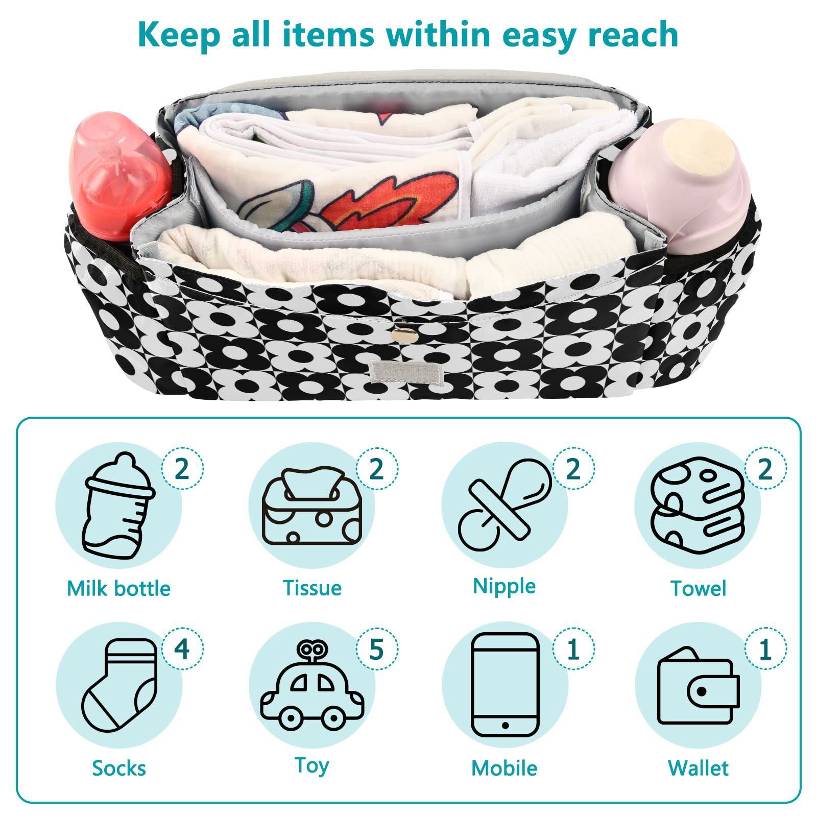Kigai Modern Flower Tile Baby Stroller Organizer with Cup Holders, Secure Hooks Accessories Adjustable Strap Stroller Bag for Bottle, Diaper, Phone, Toys, Baby Items