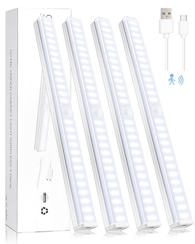 GYTBL Under Cabinet Lighting Wireless 12inch Motion Sensor Light Indoor Closet Lights Motion Sensored Magnetic Closet Light Rechargeable Under Counter Lights for Kitchen Cupboard Wardrobe Stair-4 Pack