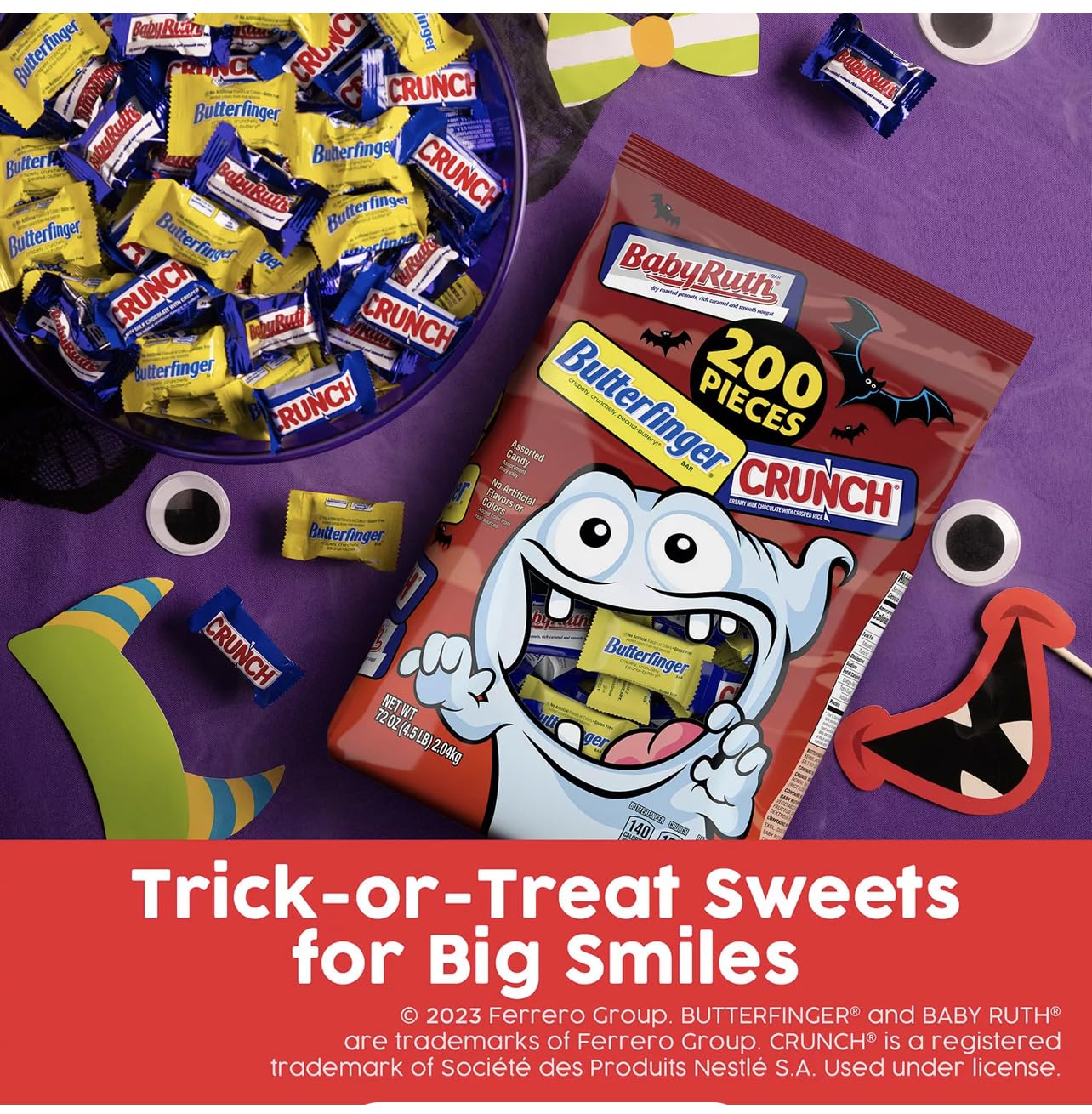 HALLOWEEEN CANDY | Butterfinger, CRUNCH and Baby Ruth, Mini Size Bars (200 PIECES) - 4.5 LBS | Individually Wrapped Assorted Mini Size Candy Bars Best For Trick and Treat Halloween Night | SAMEDAYS SHIPPERS BRANDED BAG CLIP INCLUDED