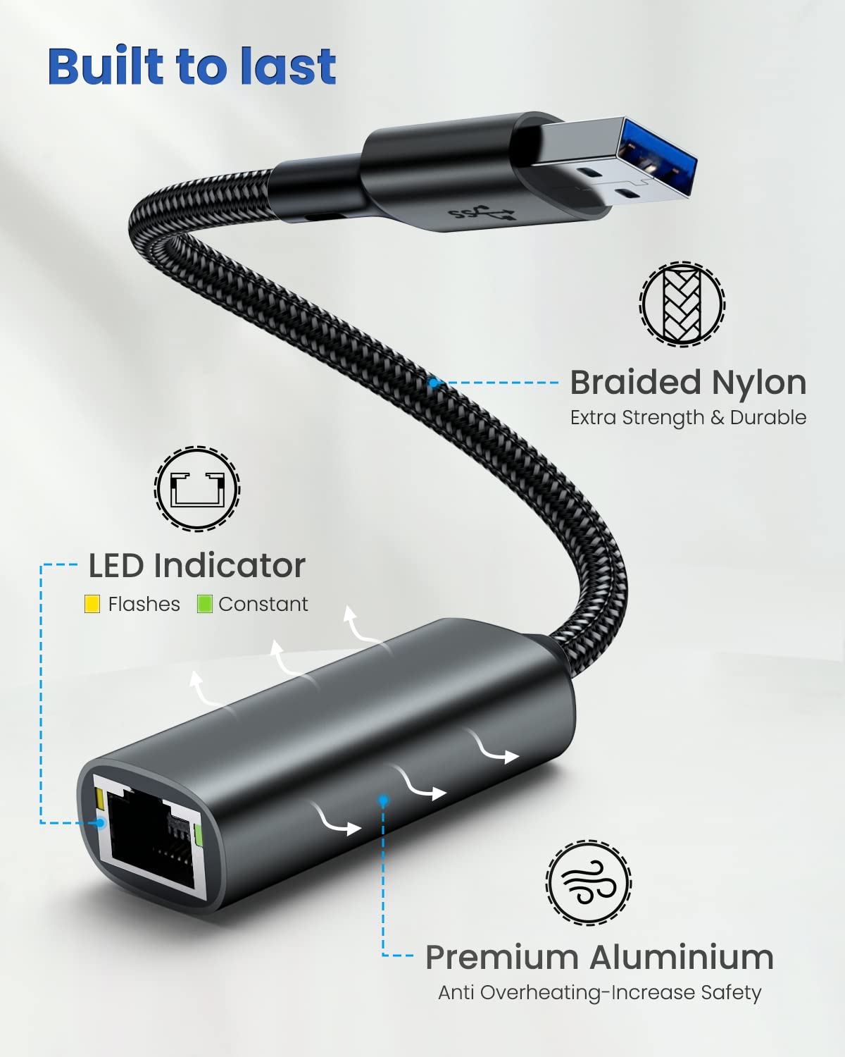 OQTIQ USB to Ethernet Adapter, Aluminum Portable USB 3.0 to Gigabit Ethernet LAN Network Adapter, RJ45 Internet Adapter Compatible with MacBook, Surface, Windows, XP, Vista, Linux and More