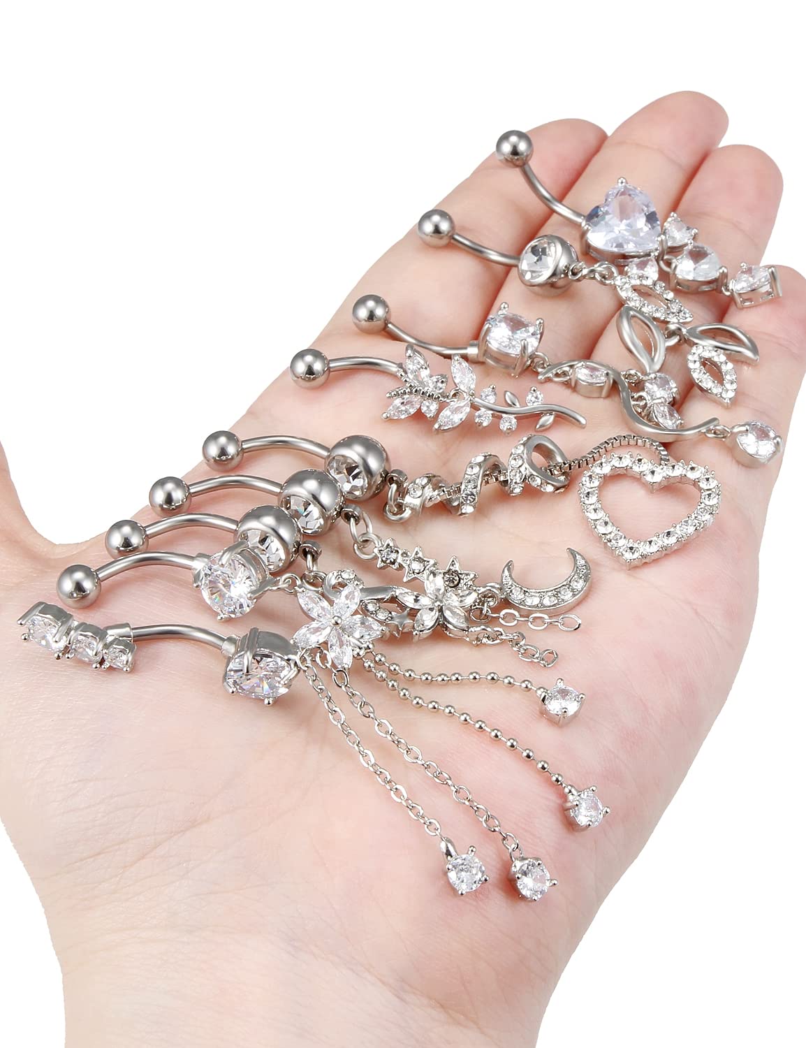 Goerhsjie 9pcs Surgical Stainless Steel Belly Button Ring, 14G 1.6mm x 3/8inch, for Women