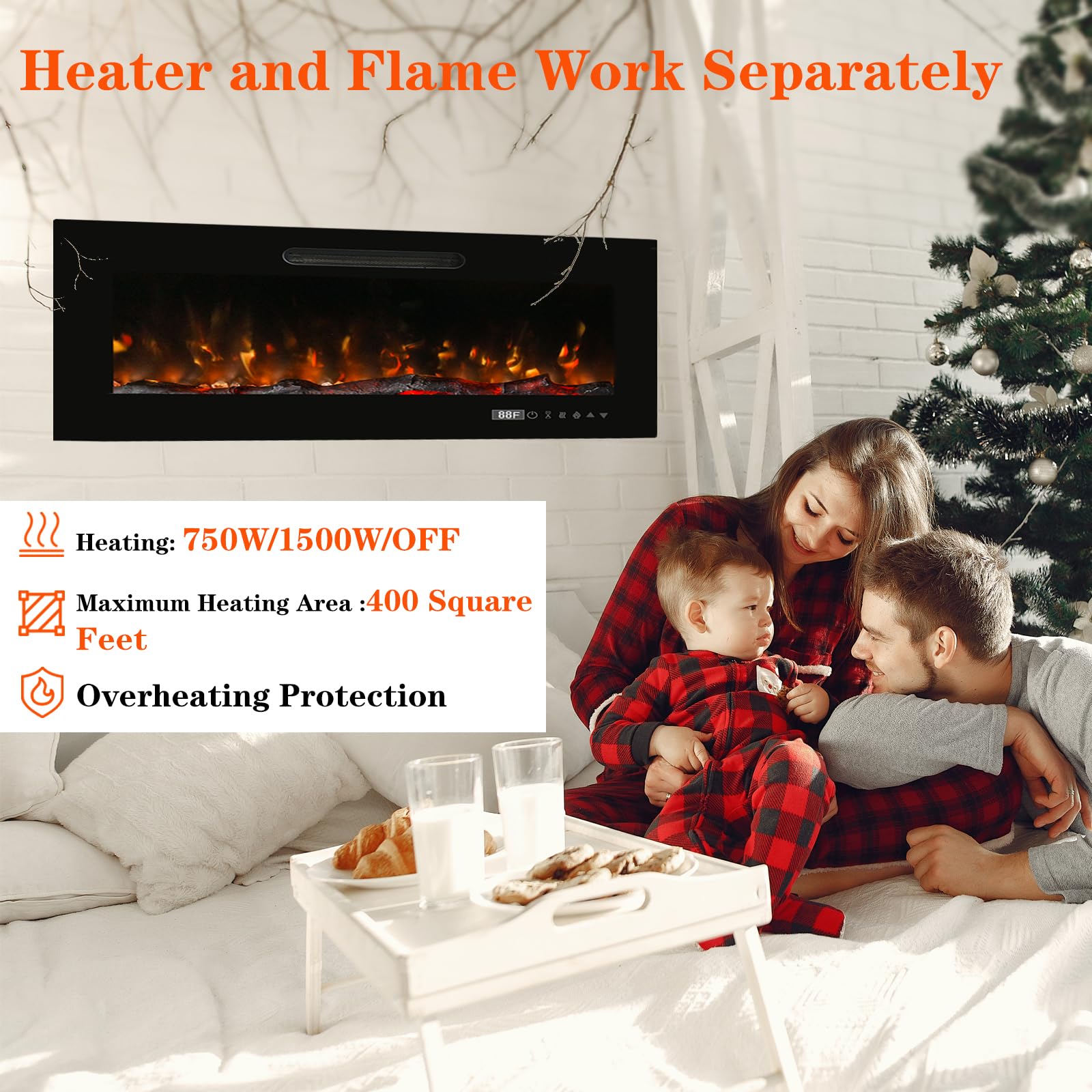 Hello.Dr 50" Ultra-Thin Electric Fireplace Recessed and Wall Mounted - Touch Screen & Remote Control with 12h Timer - Realistic 9 Color Flame and 5 Brightness - Log & Crystal Options,750/1500W