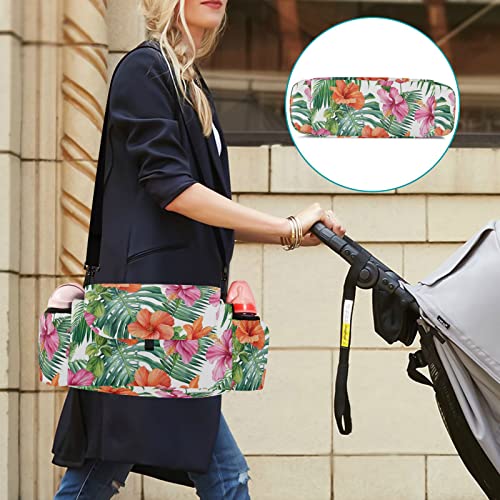 Kigai Tropical Palm Flower Baby Stroller Organizer with Cup Holders, Secure Hooks Accessories Adjustable Strap Stroller Bag for Bottle, Diaper, Phone, Toys, Baby Items