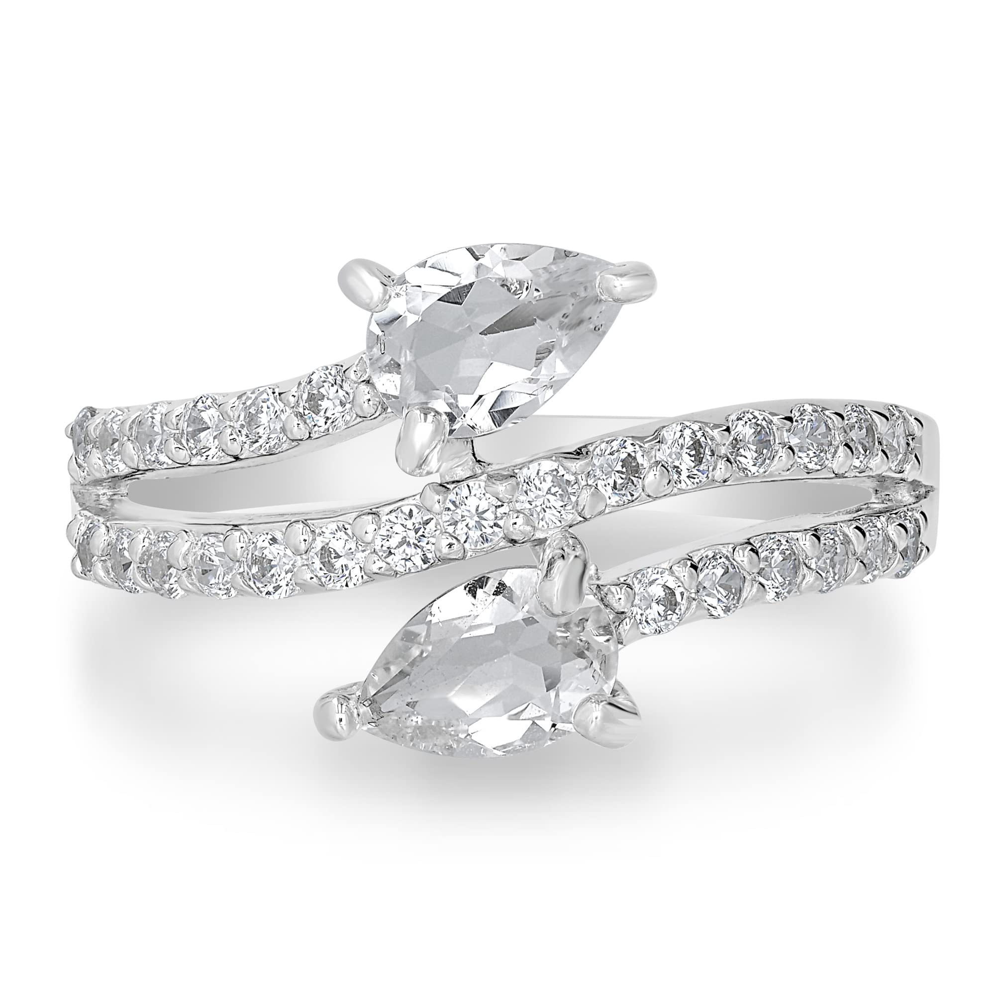 GEMISTRY Natural Classic Pear Gemstone Bypass Ring with White Topaz in 925 Solid Sterling Silver for Women | April Birthstone Jewelry Gift for Her
