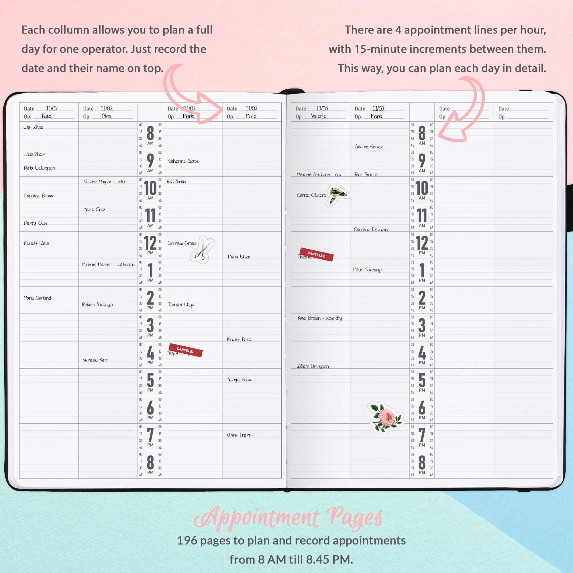 GoGirl Salon Appointment Book – Reservation Book for Beauty Salons, Spas, Hair Stylists, Estheticians – Appt Booking Planner, 7x10″ (Black)