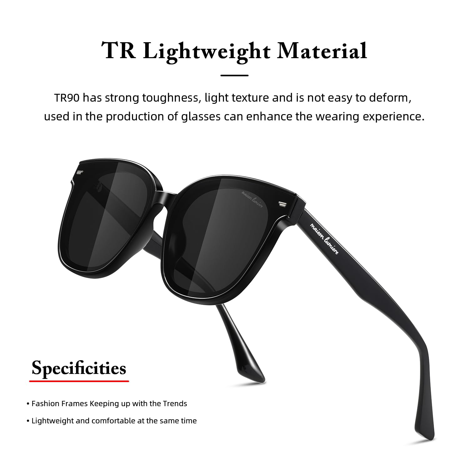 MAISON LUMIERE Korean Oversized Alternative Fit Retro Square Polarized Women Sunglasses Minimalist Style Low Bridge, Black