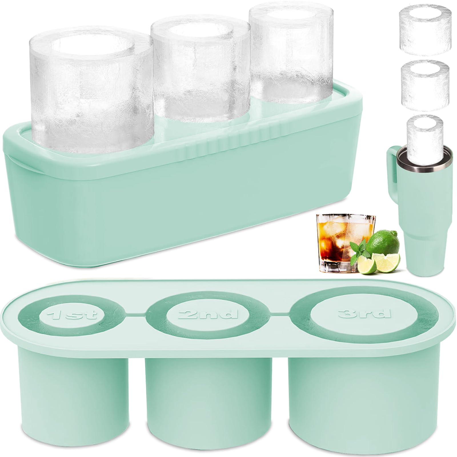 Ice Mold for Stanley Tumbler Cup, 3 PCS Silicone Hollow Cylinder Ice Cube Tray with Lid for 30OZ-40OZ Straw Tumbler, Large Ice Cube Mold for Freezer, Ice Maker for Whiskey, Cocktail, Coffee (Green)