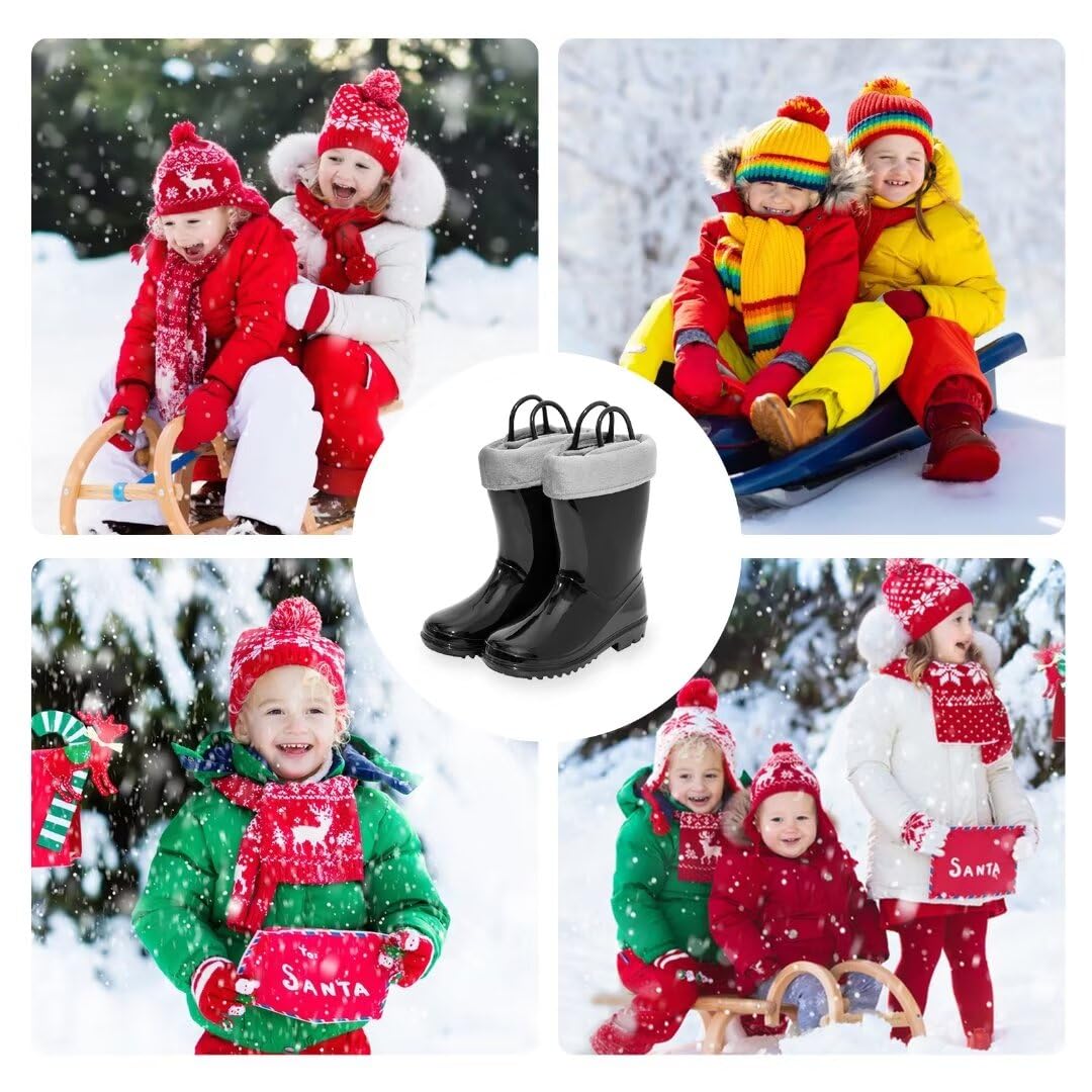 EUXTERPA Black Kids Rain Boots, Boys Winter Rain Boots with Warm Lining, Girls Waterproof Boots with Handles, Big Kid size 2