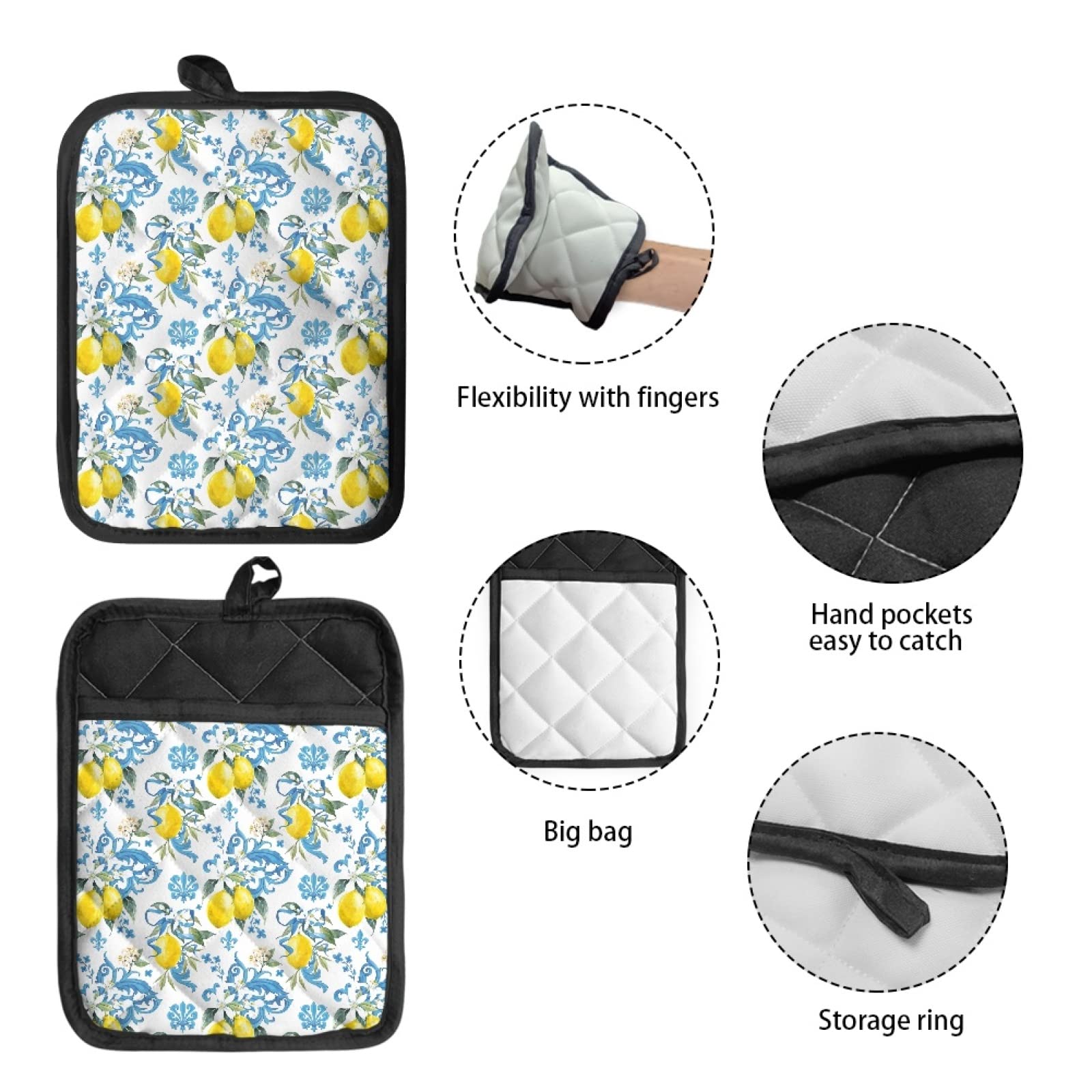 Jndtueit Lemon Non Slip Heat Resistant Hot Pot Holder 2Set, Yellow Fruit Quilted Liner 9.6*7.4 Inches with Hanging Loop with Pocket, Blue Leaf Potholder for Cooking & Baking
