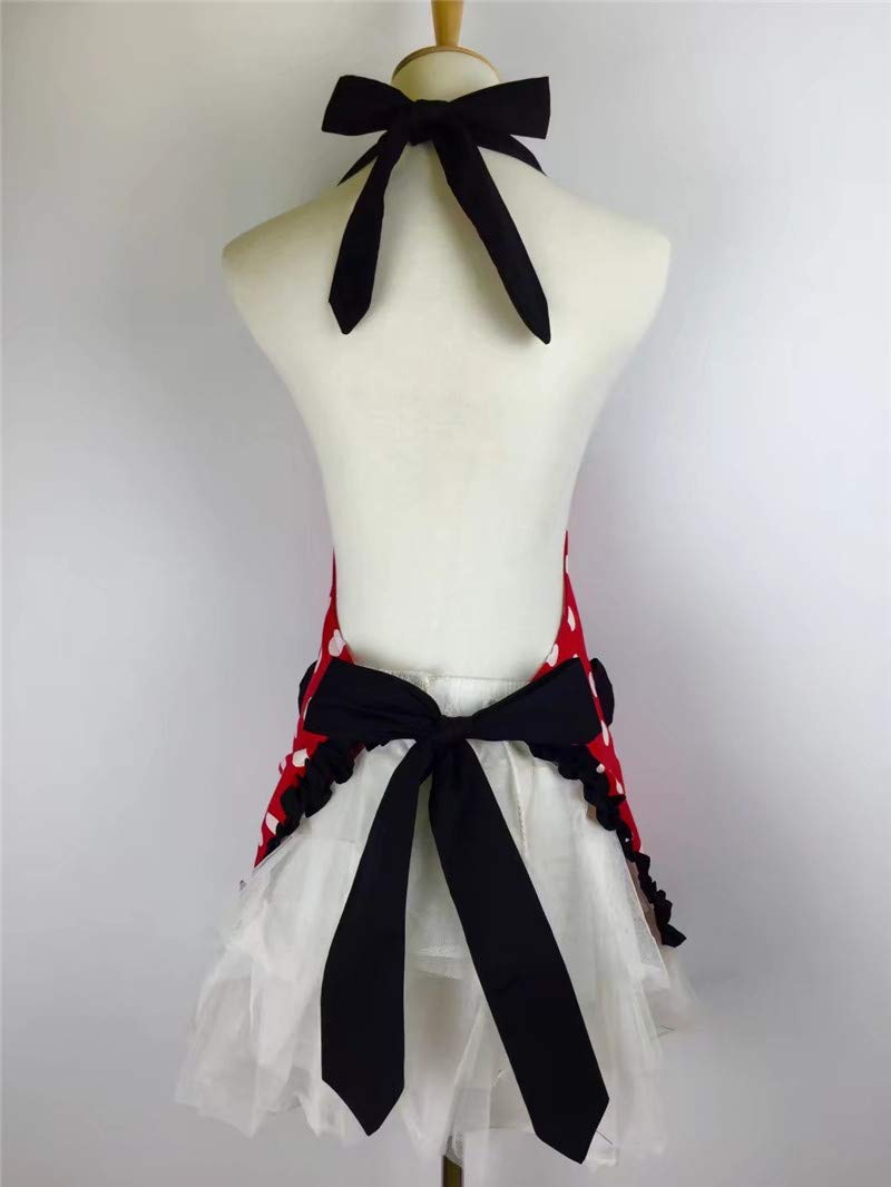 Hyzrz Lovely Retro Adjustable Red Polka Dot Aprons for Women Girls Cute Funny Apron Bowknot 2 Pockets