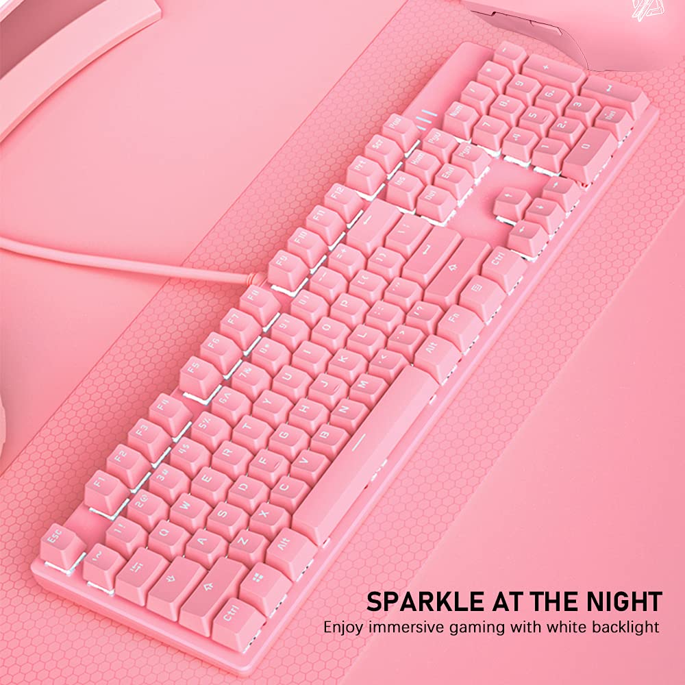 FELICON Pink Mechanical Keyboard Mouse and Handset Combo with Mouse Pad, Full Anti-ghosting Wired Gaming Keyboard, Lightweight Gamer Mouse, Professionals RGB Over Headphone for PC, Laptop,Mac