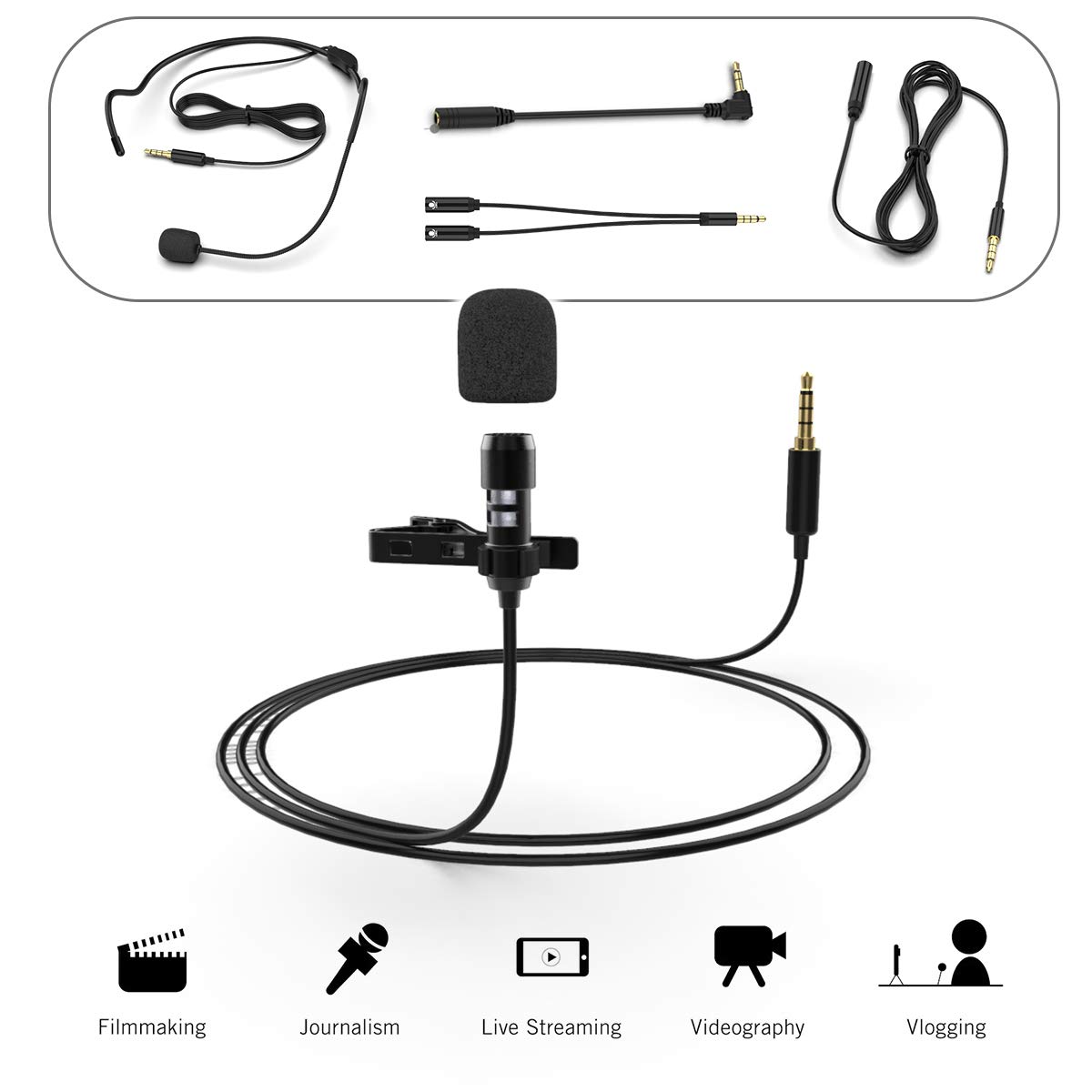 Fifine Lavalier Lapel Microphone, 3.5mm Clip On Mic for YouTube Video Recording Vlog, External Mic for iPhone iPad Android Cell Phone DSLR PC Laptop Mac Computer, Noise Reduction-C1