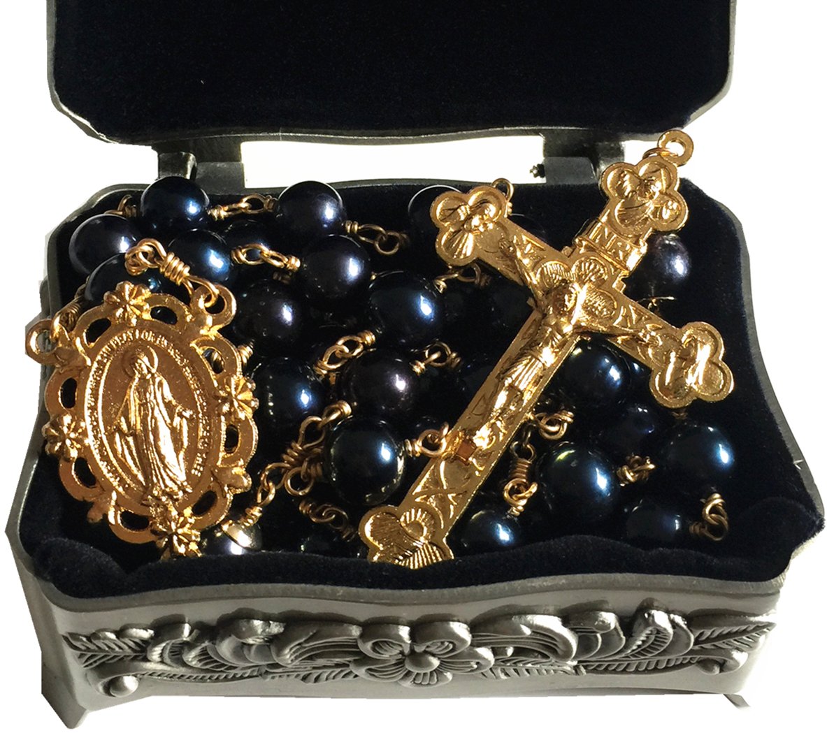 elegantmedical Black AAA+10mm Real Pearl BEADS GOLD ROSARY CROSS Necklace & box Catholic GIFTS
