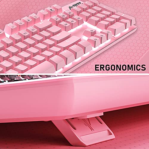 FELICON Pink Wired Mechanical Keyboard and Mouse Combo with Linear Blue Switches, Full Anti-ghosting Gaming Keyboard, Lightweight Gaming Mouse, Mouse Pad for Office and Gamer Pc Mac Laptop