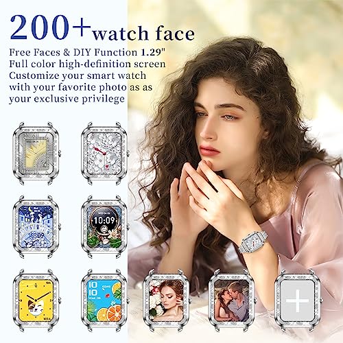 Smart Watch for Women Diamonds(Answer/Make Call),1.29''HD Touch Screen Smart Watch Android,Fitness Tracker with Heart Rate/Blood Oxygen/Sleep Monitor,Waterproof Smartwatch 3 Strap (Diamond Silver)