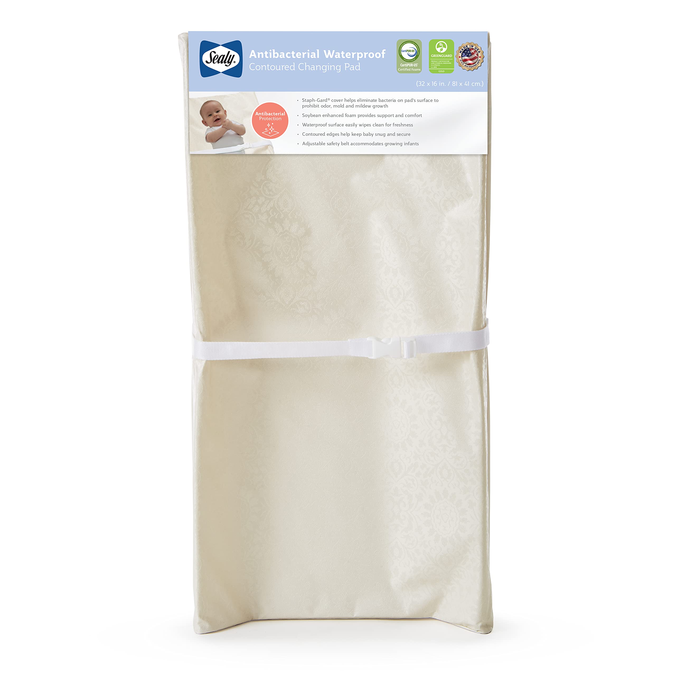 Sealy Baby Waterproof 2-Sided Contoured Baby Diaper Changing Pad for Dresser or Changing Table, 32 x 16 - White