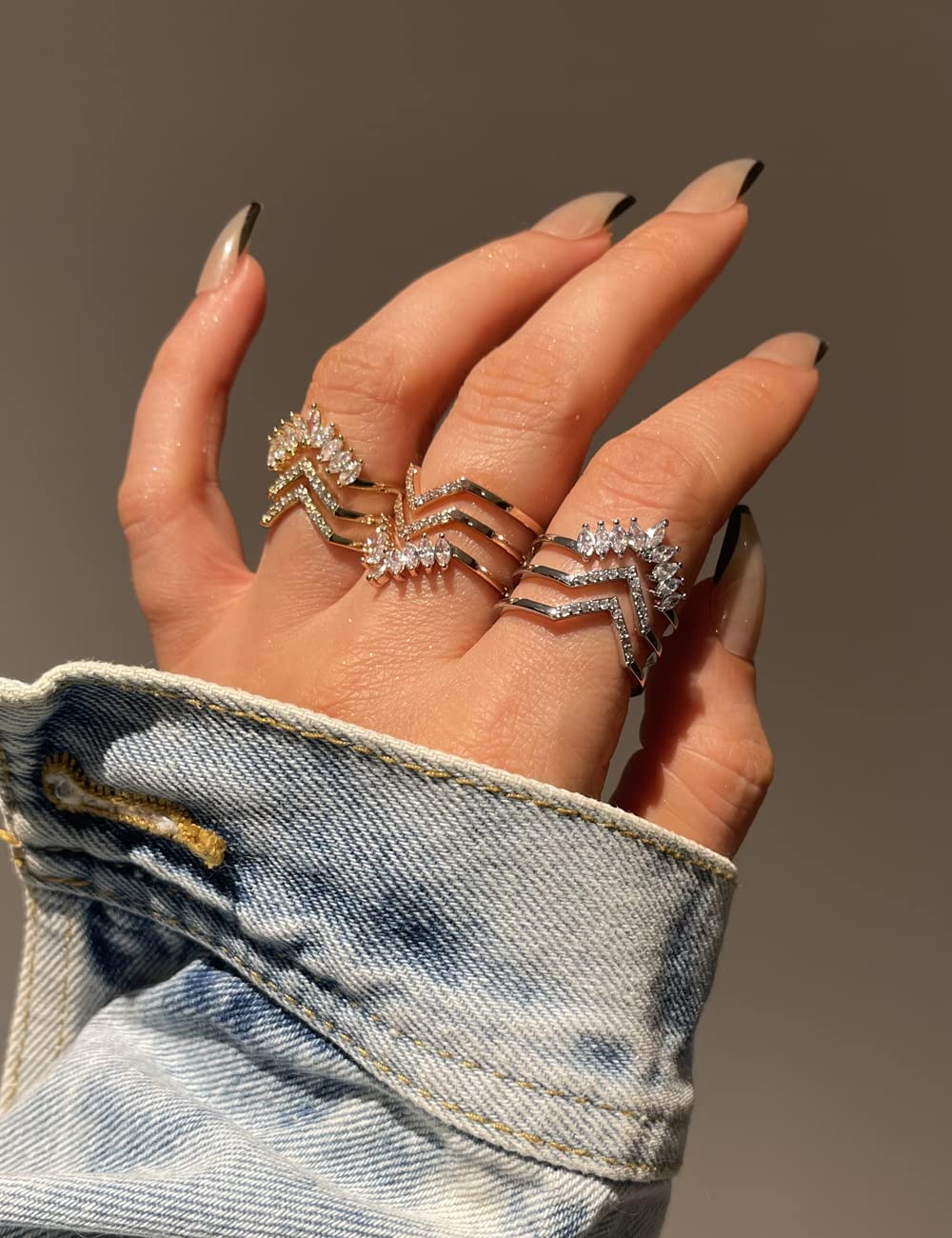 Gold Chevron Statement Rings for Women 14k Gold Plated Gold Pointed V Shaped Chunky Open Ring Marquise Crystal Cubic Zirconia Adjustable Rings