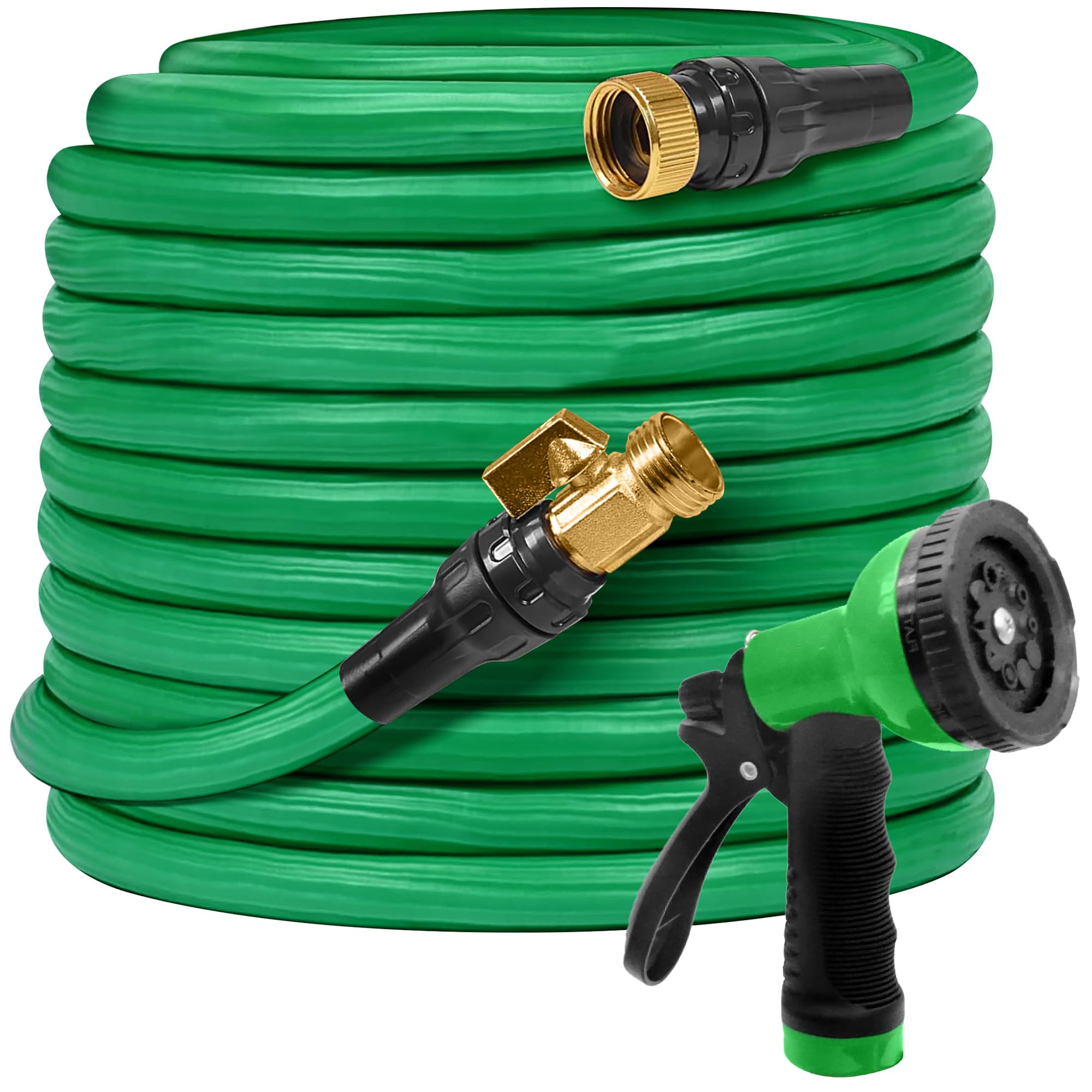 Garden Hose, Super Strong Green Garden Hose, Multi Purpose Hose with 8 Pattern Hose Spray Nozzle for Gardening, Cleaning