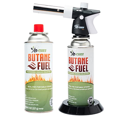 Jo Chef Pro Butane Torch Lighter - Refillable Butane Torch Head, Small Butane Torch with Safety Lock & Adjustable Flame - Culinary Blow Torch, Creme Brulee Torch, Baking, Included 2 Butane Canisters