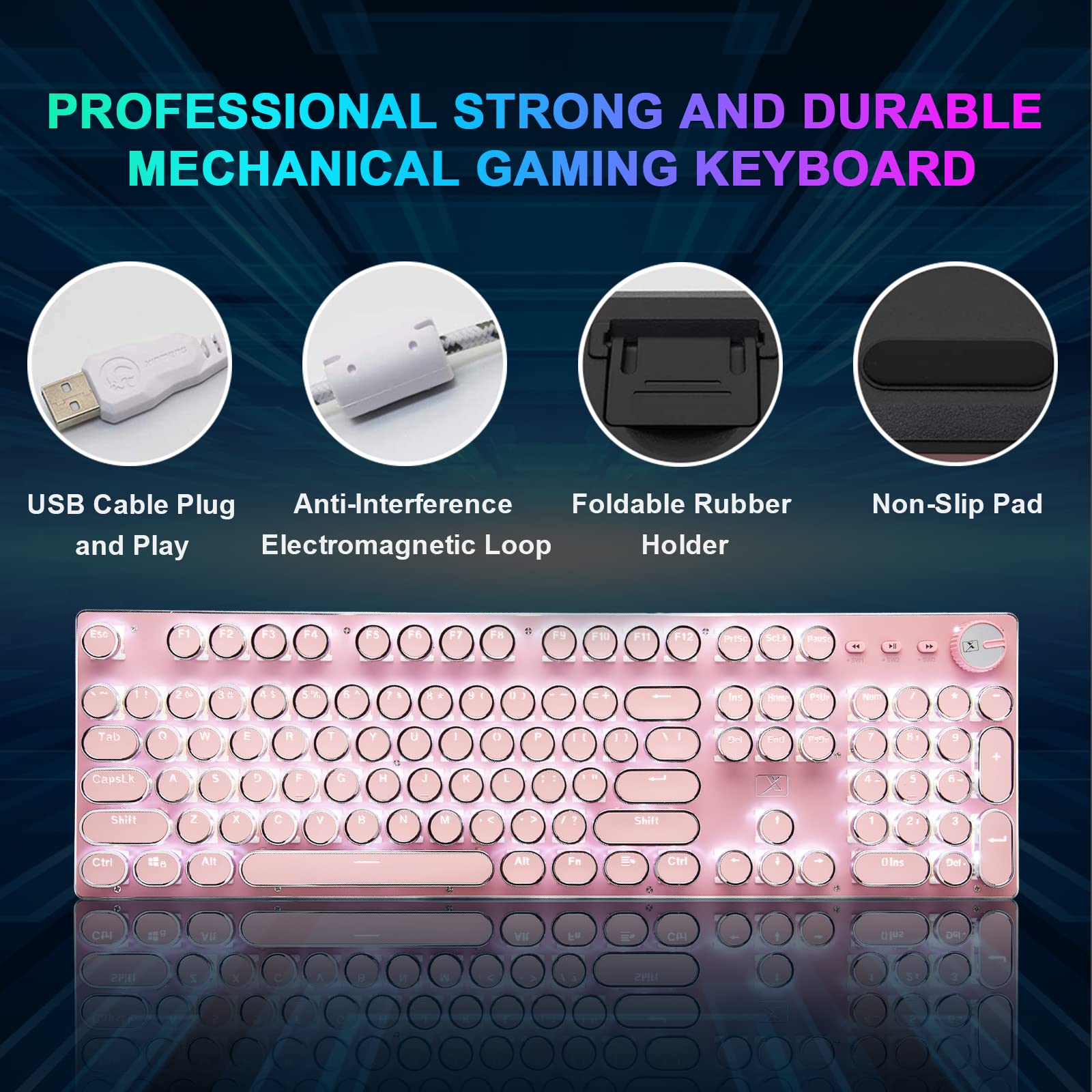 FELiCON Typewriter Pink Mechanical Gaming Keyboard and Mouse Combo White Light Retro Punk Round Keycaps Keyboard with 104 Keys Anti-Ghosting Blue Switch RGB Backlit Mouse Mice Pad for Office Work