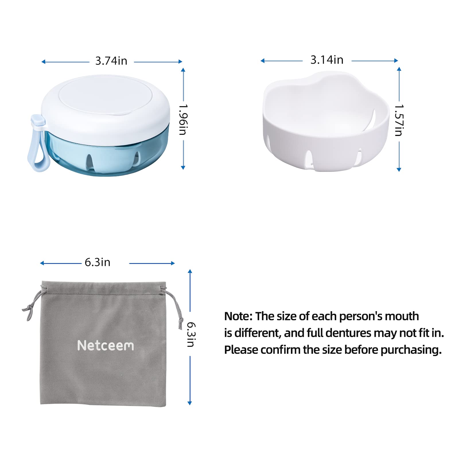 Netceem Leak Proof Denture Cup Kit Portable Retainer Case Perfect for Travel, Denture Case Container Cleaning Care for Dentures Aligner Mouth Guard with Denture Brush,Strainer, Removal Tool and Mirror