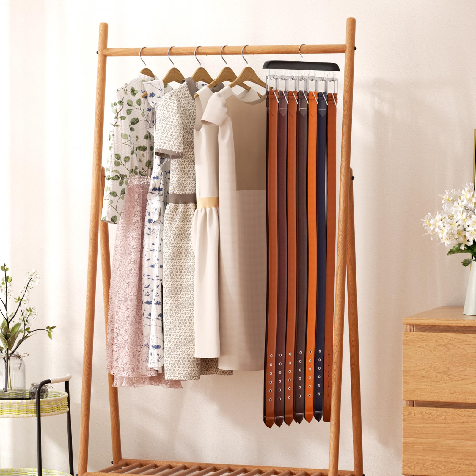 MaxGear Belt Hanger for Closet Max 42 Belts, Lotus Wood Belt Organizer with 14 Hooks, 360°Rotating Belt Holder Large Capacity Belt Rack for Belt, Tie, Bra, Tank Top & Underwear Storage - Black, 1 Pack