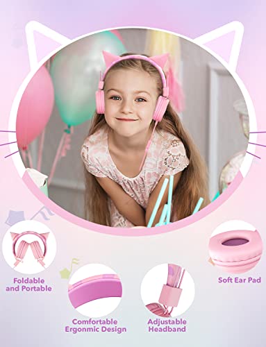 SIMJAR Cat Ear Kids Headphones with Microphone for School, Volume Limiter 85/94dB, Wired Girls Headphones with Foldable Design for Online Learning/Travel/Tablet/iPad (Pink)