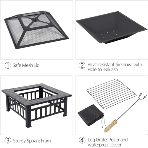 Fire Pit 32'' Wood Burning Firepit Metal Square Outdoor Fire Tables SteelFire Pit Bowl with Spark Screen Cover, Poker Log Grate for Patio Bonfire Camping Backyard Garden Picnic