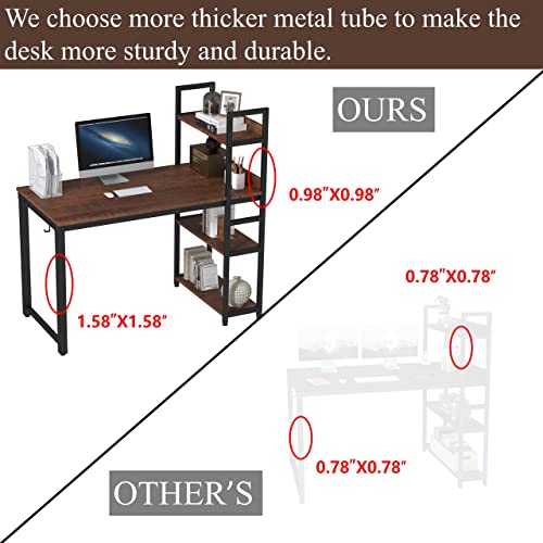 Napnapday 55 inch Computer Desk with Shelves, Desk with Storage Bookshelf Writing Table for Gaming Home Office Bedroom, Mahogany