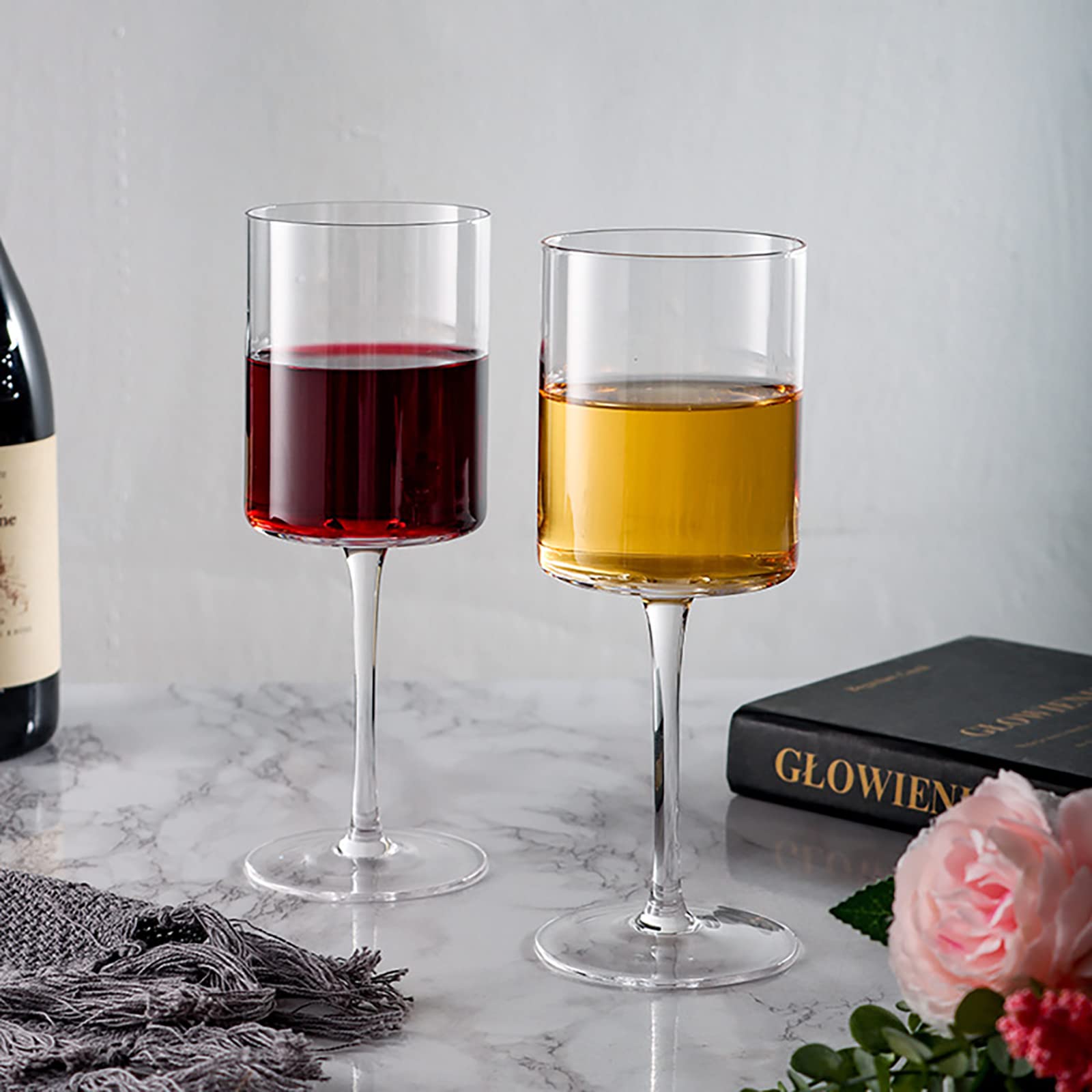 Hiceeden 4 Pack 15 Oz Square Red Wine Long Stemmed Glasses, Modern Goblet Champagne Flutes Glasses, Crystal Clear White Wine Stemware for Party, Dinner, Banquet, Wedding, Housewarming Gift