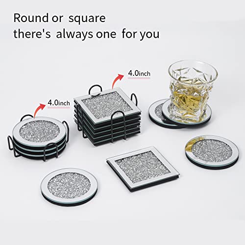 ToPToToo Mirrored Crystal Glass Coasters for Drink Crushed Diamond Decor Cup Coasters Set of 4,Square Personalized Coasters with Holder for Wooden Coffee Table (4 X 4 Inch)